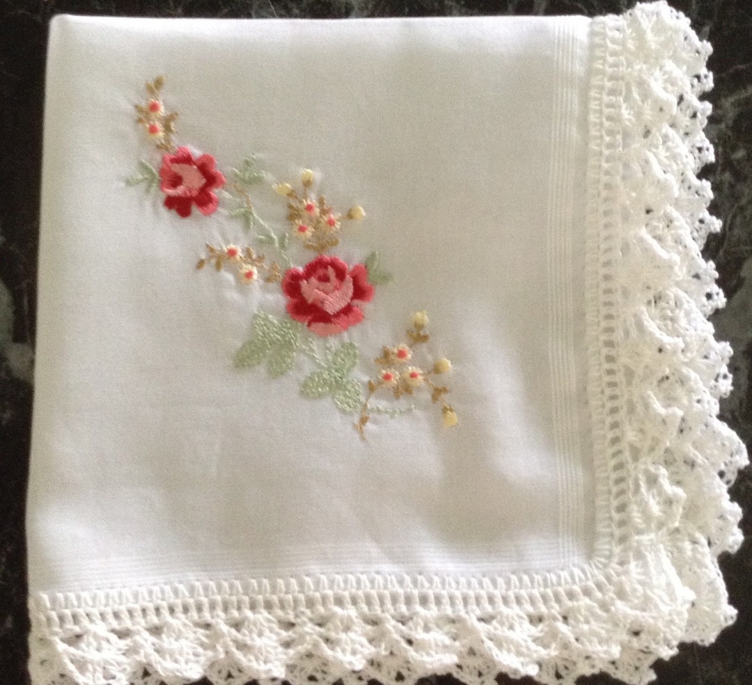 Red Rose Embroidered Handkerchief - Etsy
