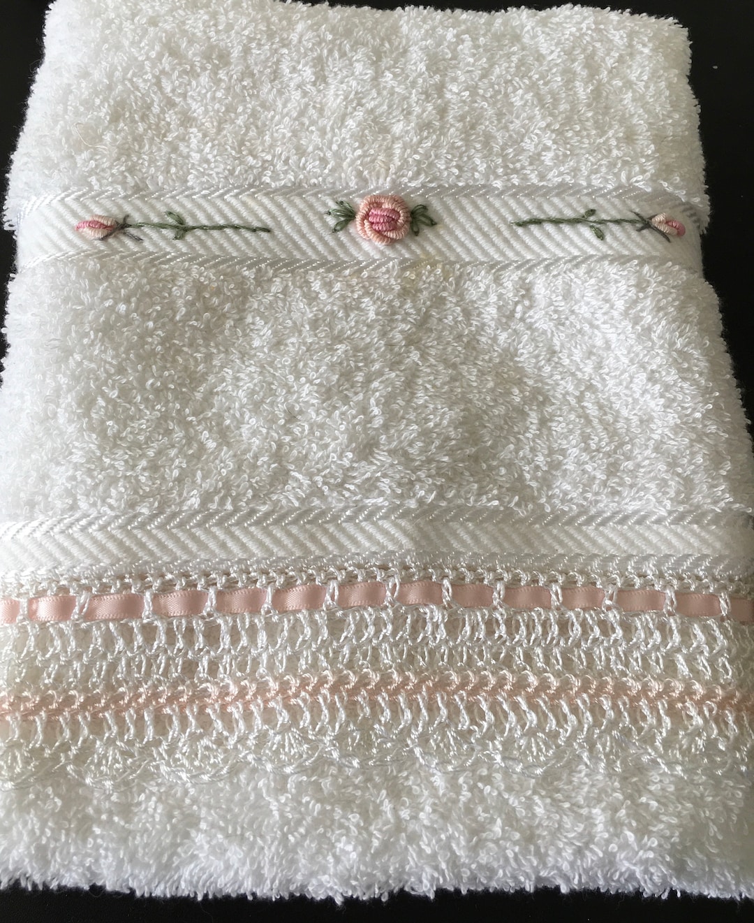 Deluxe White Hand Towel Embroidered With Pink Grub Rose Embroidery. - Etsy