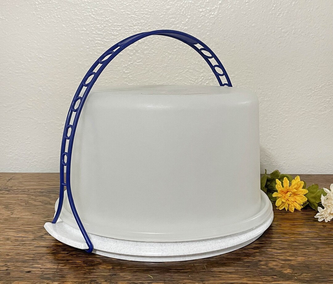Vintage Tupperware Tall Round Cake Taker, White, Granite Base, Blue ...