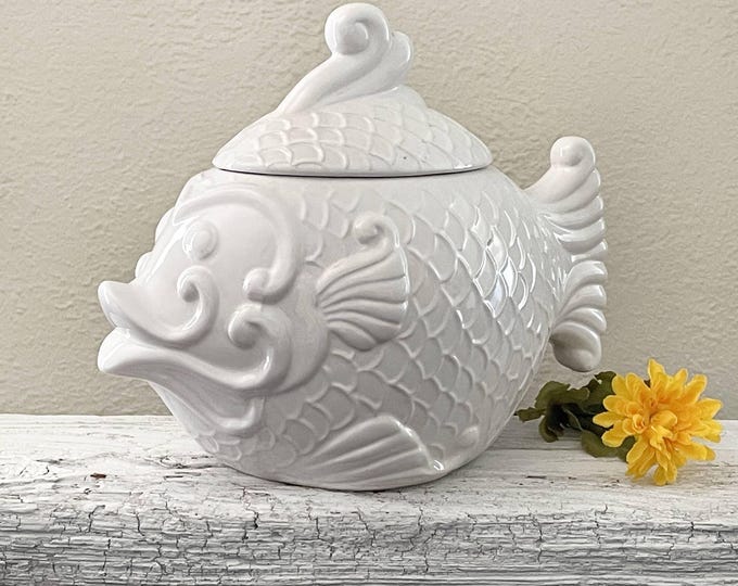 Vintage Fish Cookie Jar, Kitchen Storage, Decor, White Ceramic China ...