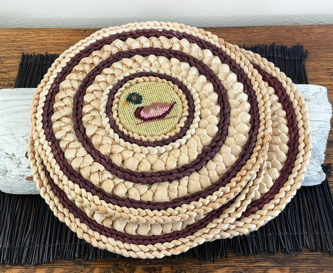 SET of 3 Large Woven Straw Trivets, Placemat Set, Cross Stitch Duck ...