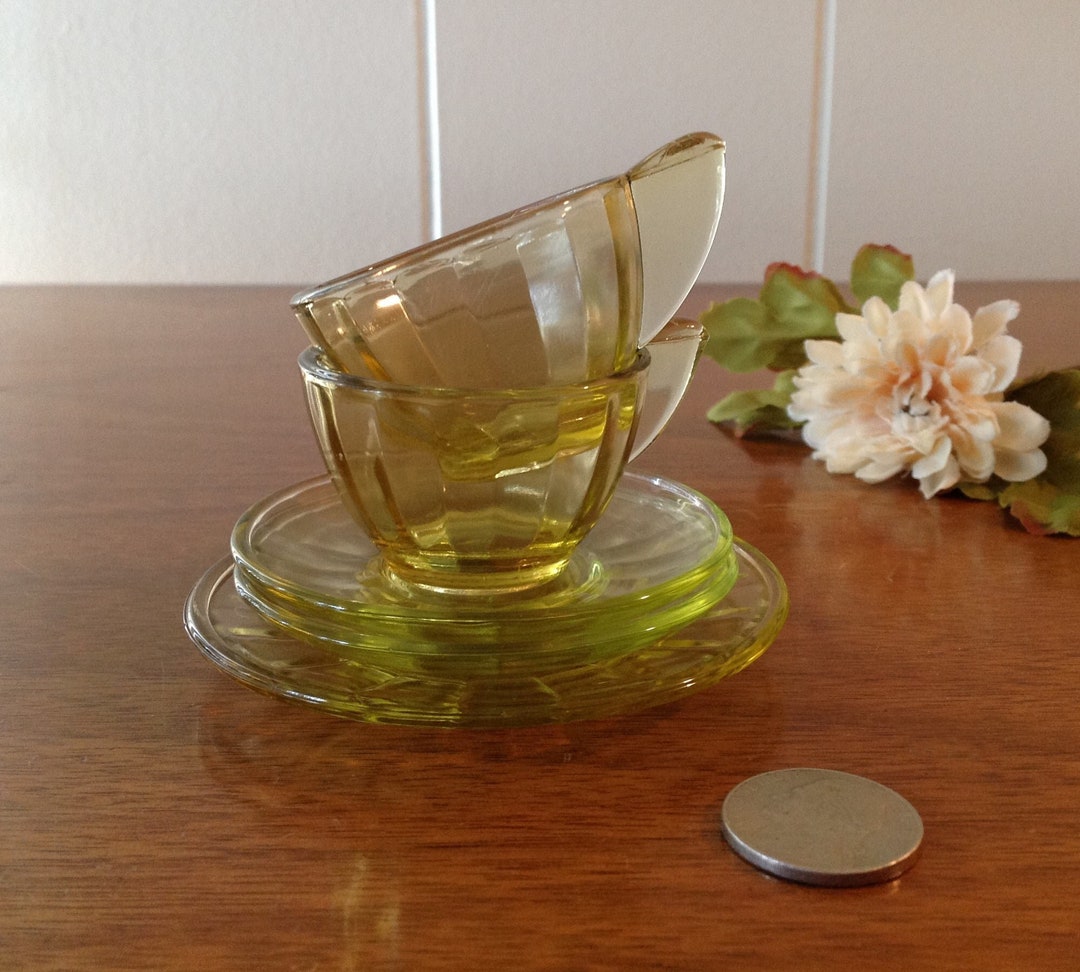 Akro Agate Child's Tea Set Pieces, Clear Yellow Pressed Glass Cups ...