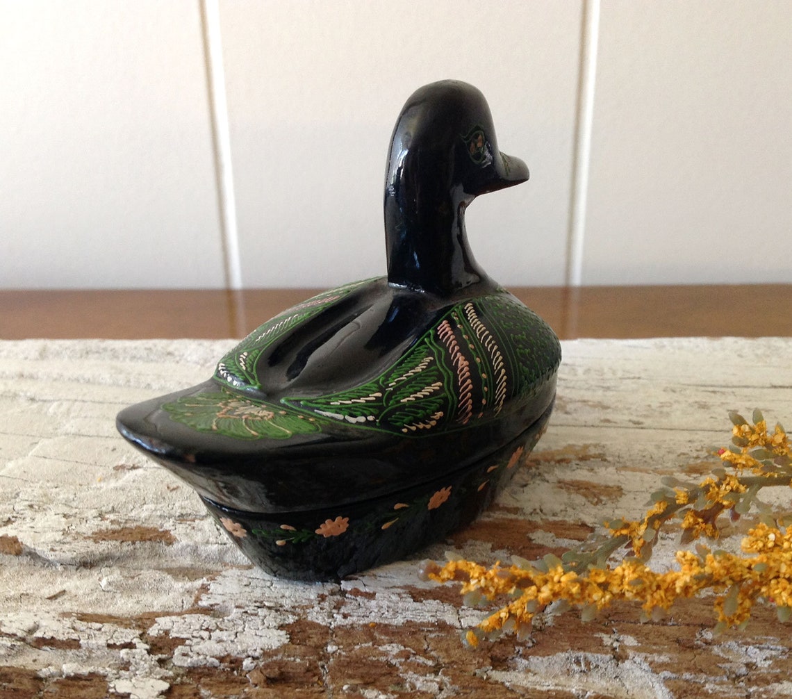 Vintage Lacquer Ware Hand Painted Duck Trinket Box, Covered Ring Dish ...
