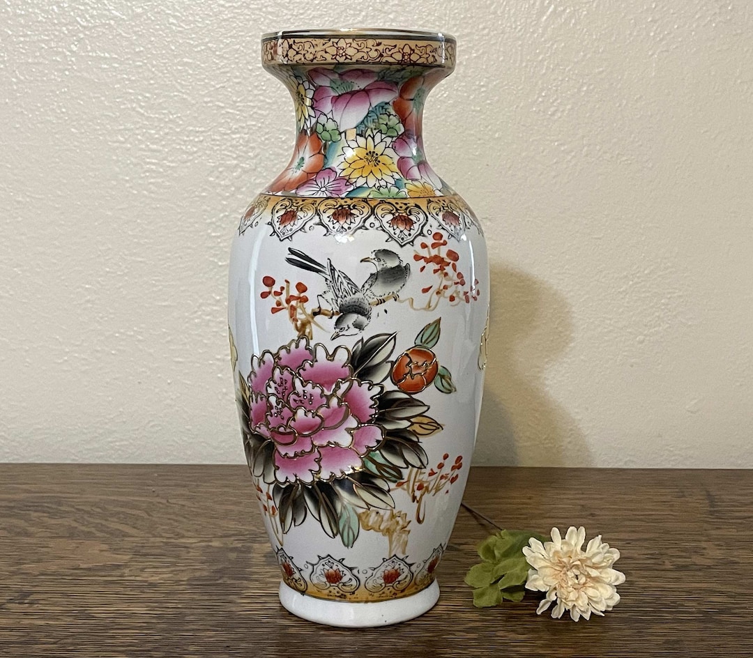 Vintage Chinese Export Royal Satsuma Vase, Peonies, Ravens, Birds ...