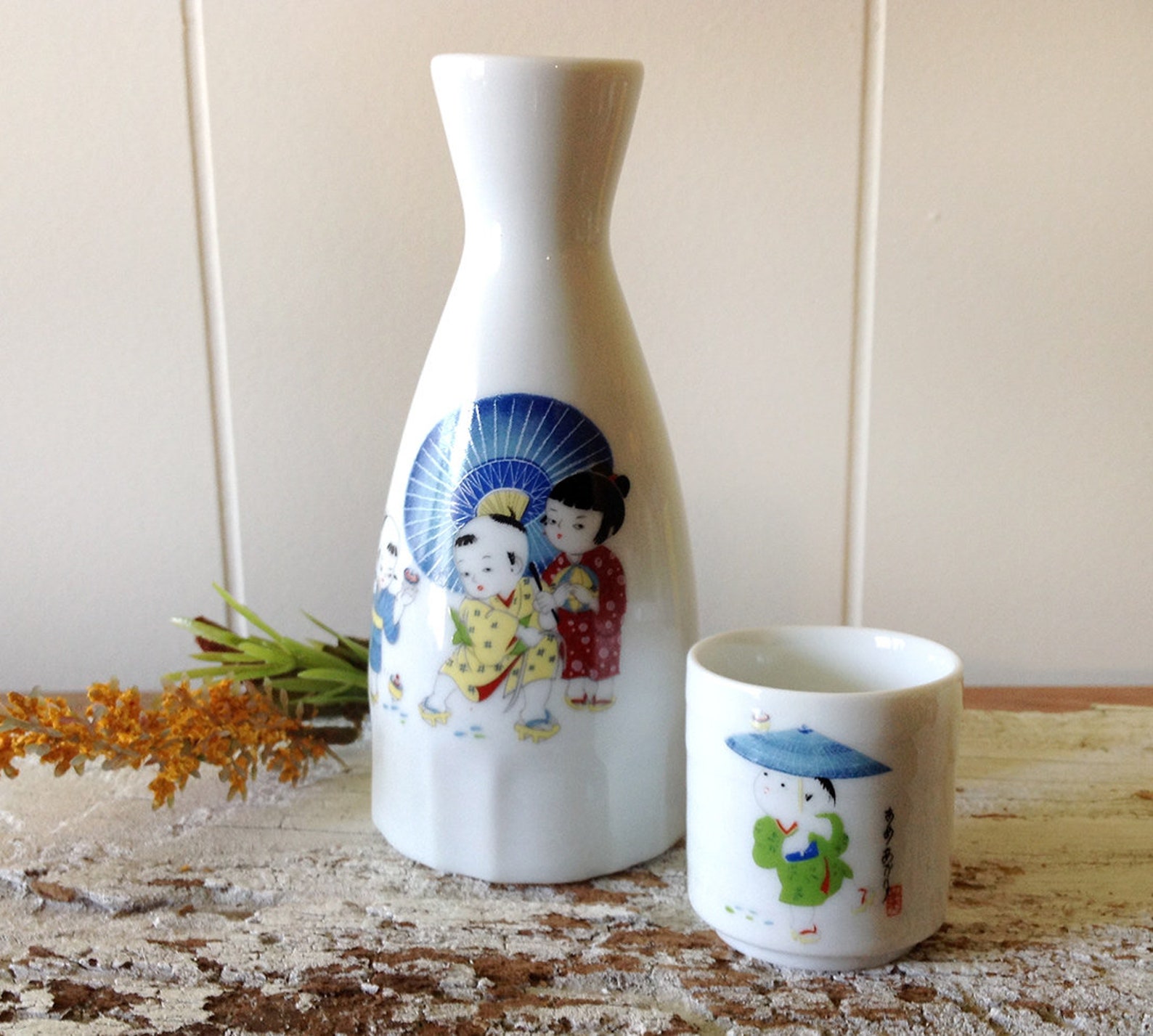 Vintage Chinese Illustrated Sake Pitcher Small Cup White | Etsy