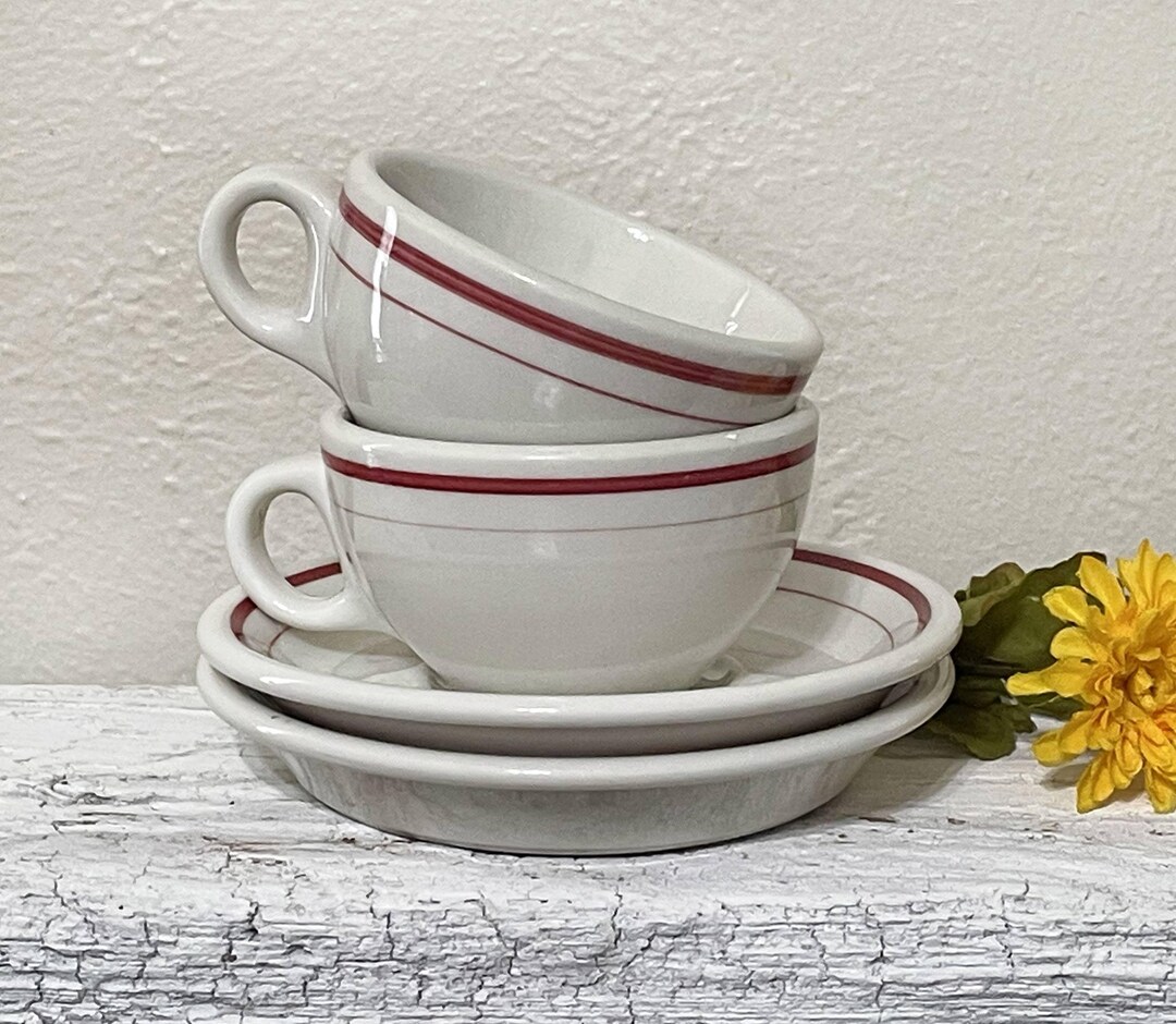 SET of 2 Vintage Shenango China Cup & Saucer Sets, White, Red Stripes ...