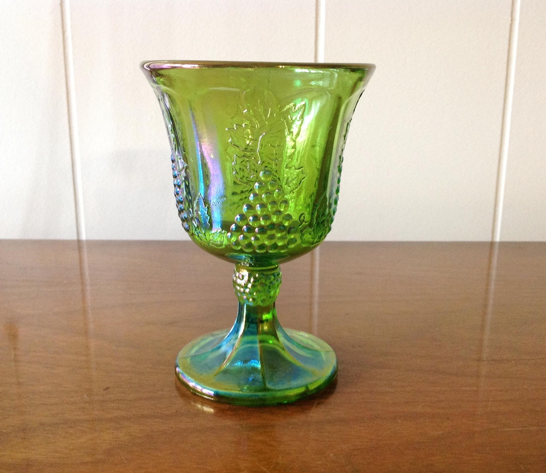 Vintage Carnival Glass Green Goblet, Water, Wine, Indiana Glass ...