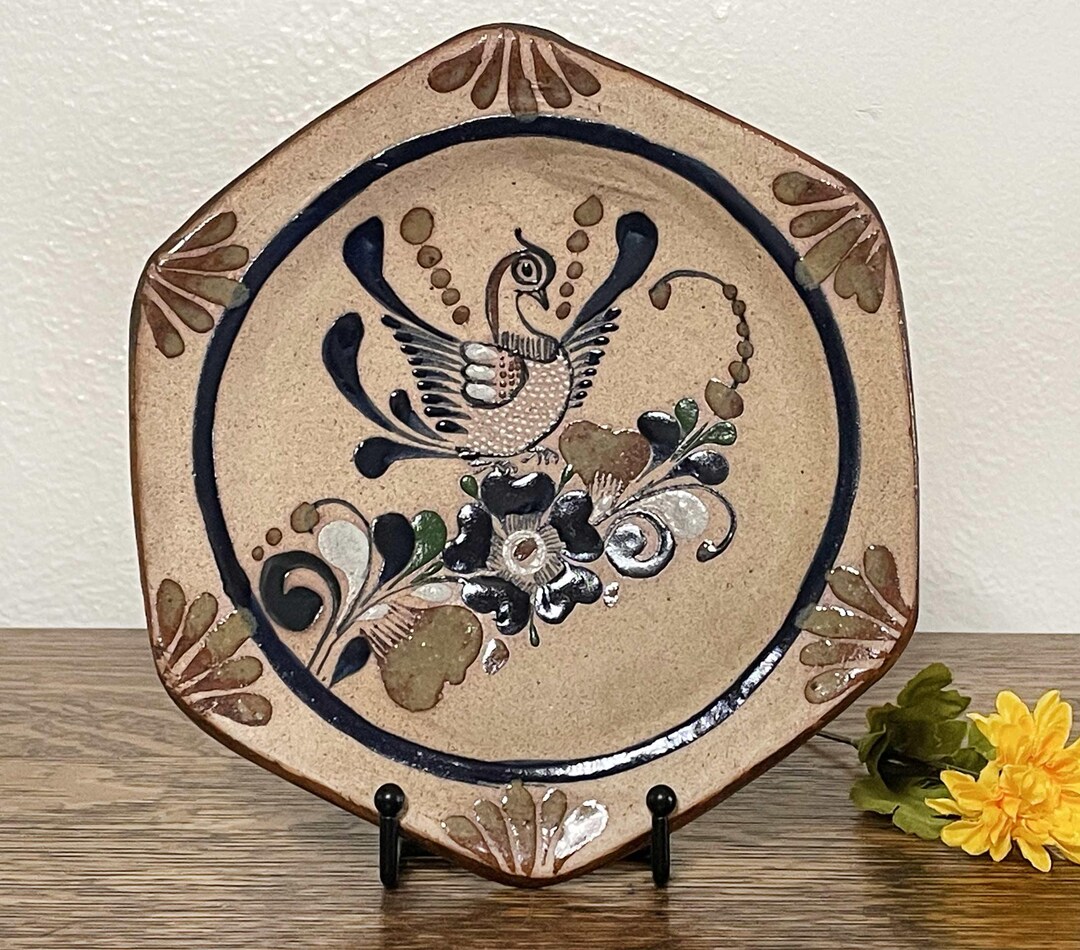 Vintage Mexican Tonala Hexagonal Bird Plate, Thick Rustic Stoneware ...