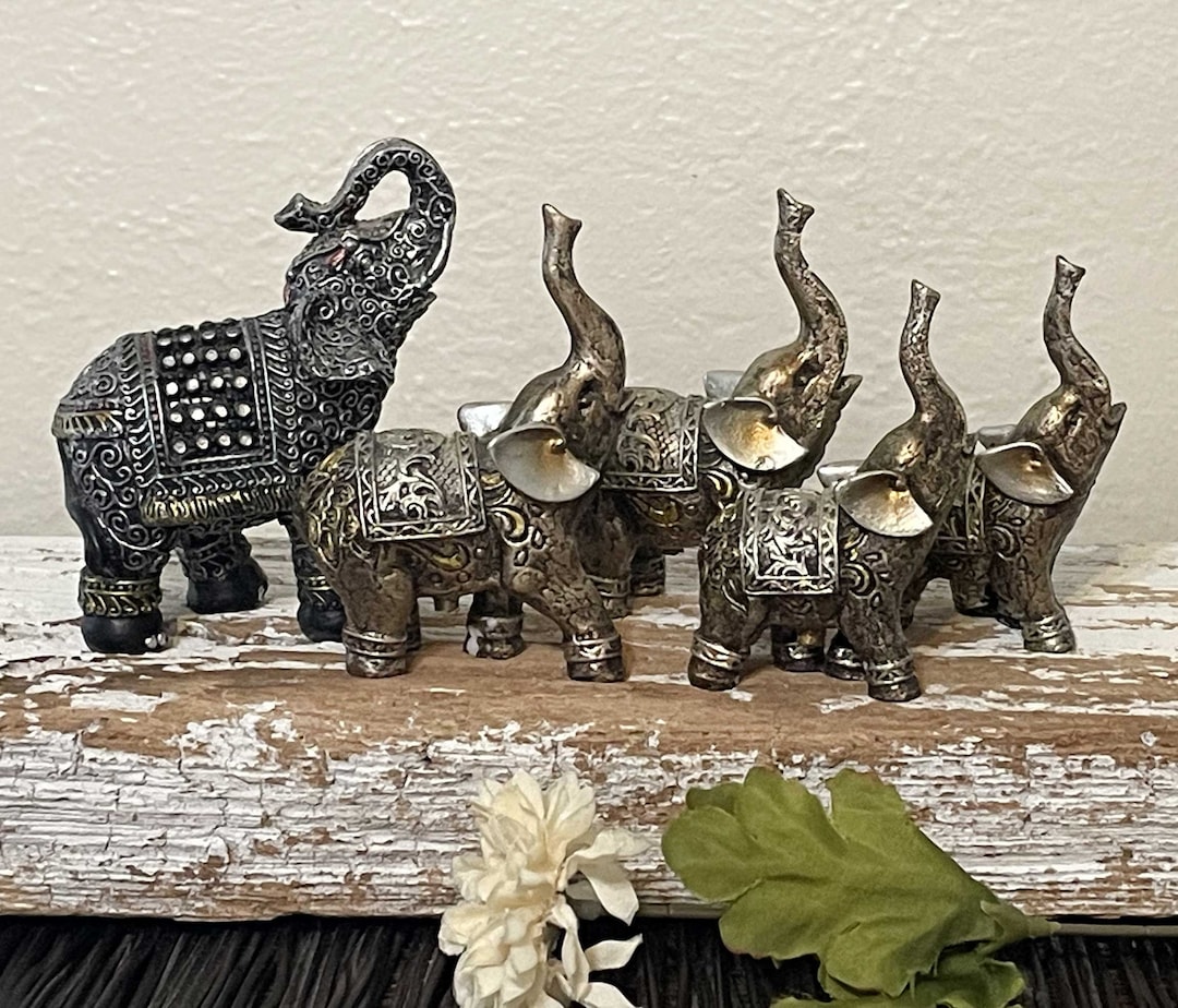 SET of 5 Miniature Elephant Figurines, Molded Resin, Elaborate ...
