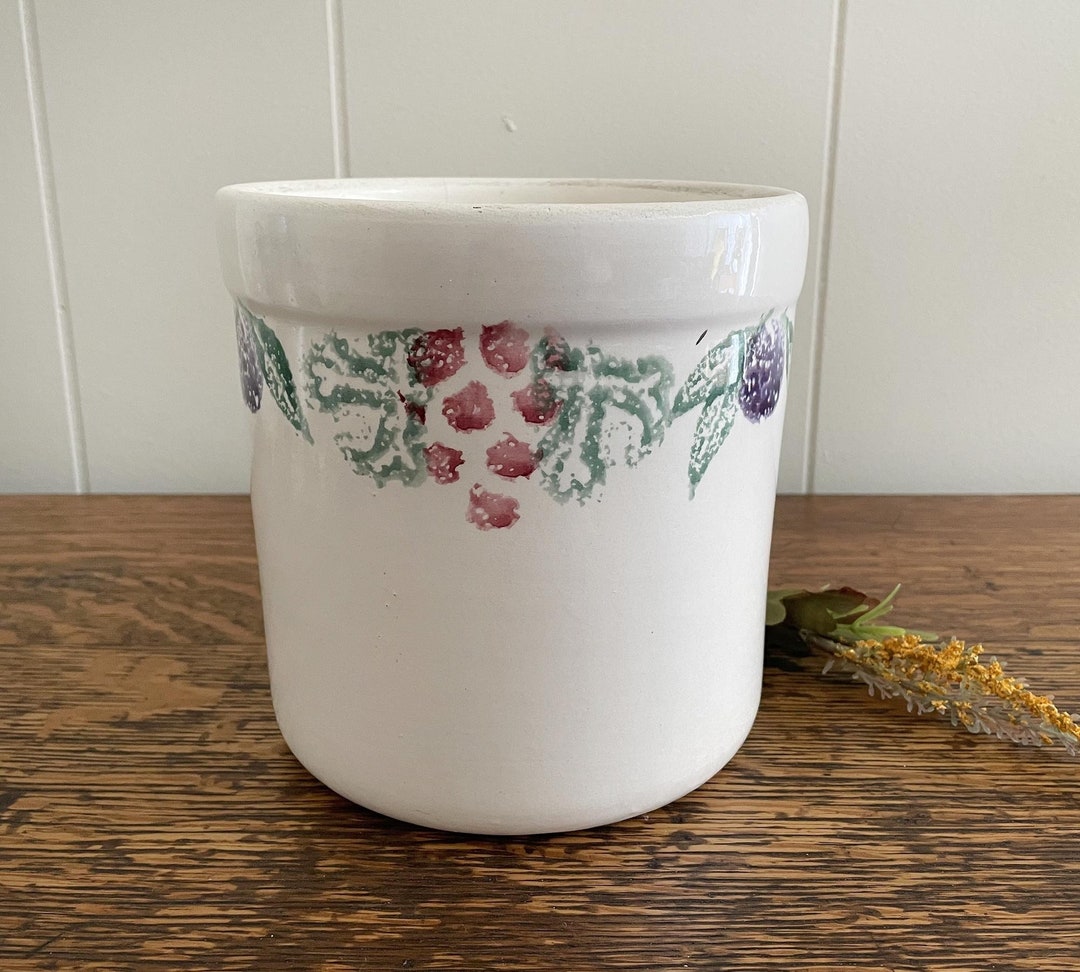 Primitive Pottery Large Crock, Cream Colored, Stenciled Fruit Art ...