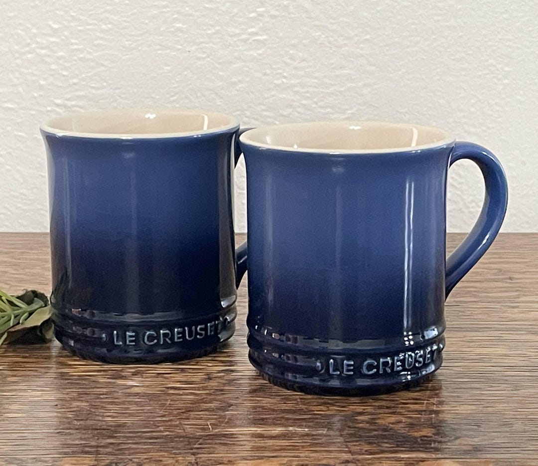 SET of 2 Le Creuset Rich Blue Ombre Coffee, Tea Mugs, Creamy Tan Inside ...