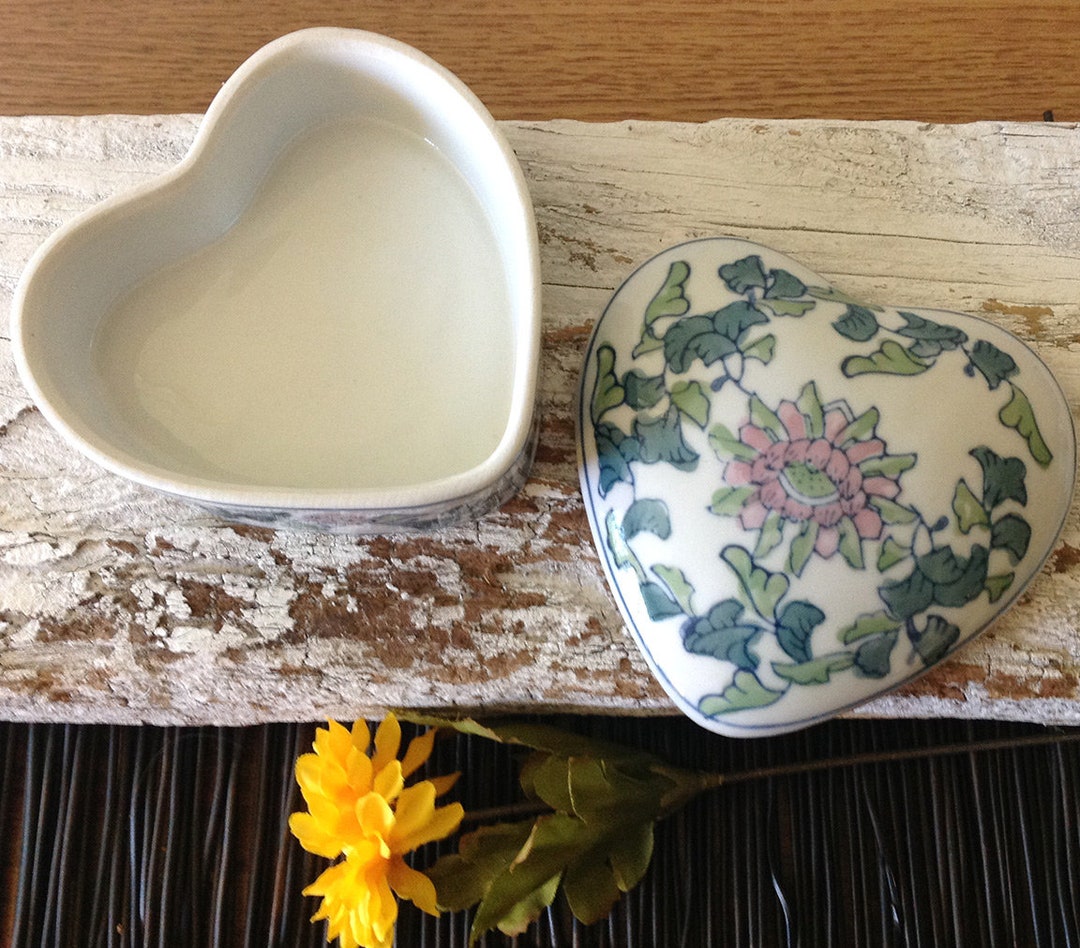 Chinese Heart Shaped Pink Lotus Covered Trinket Box, Original Box ...