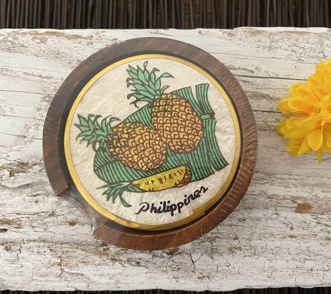 Vintage Capiz Shell Coaster Set, Pineapples Art, 6 Coasters in Caddy ...