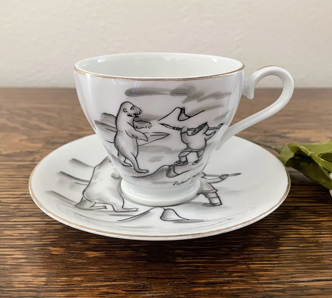 Vintage Robert Mayokok Cup, Saucer Set, Eskimo and Polar Bear, White ...