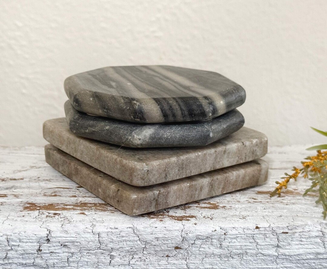 SET of 4 Vintage Natural Stone Coasters, 2 Square, 2 Octagonal, Beige ...