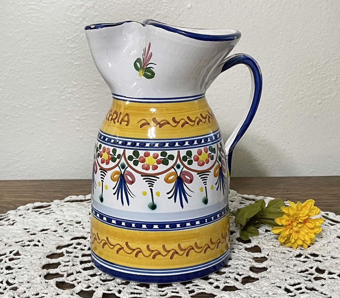 Vintage Pottery Sangria Pitcher, Hand Painted Ceramic Serving Jug ...