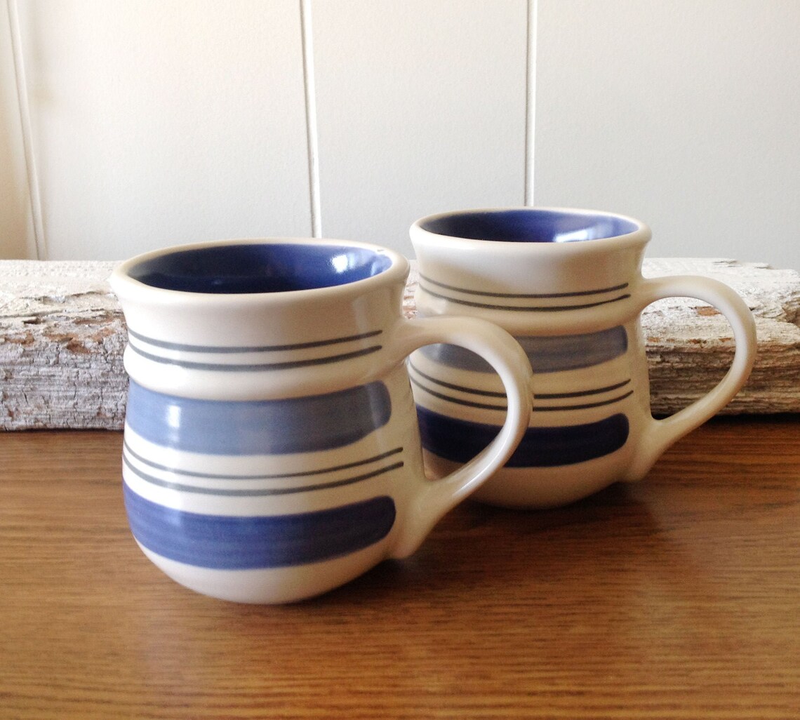 2 Pfaltzgraff Rio Coffee Tea Mugs White Blue Inside - Etsy