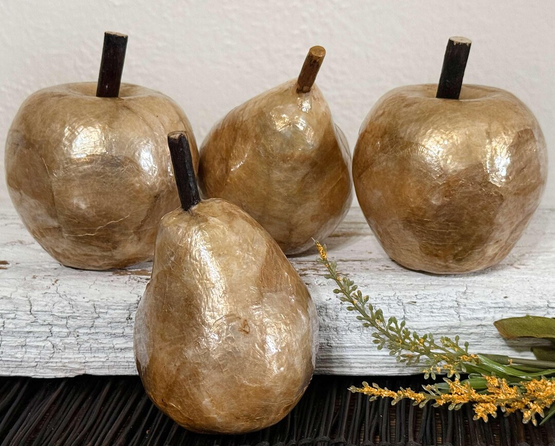 SET of 4 Vintage Golden Capiz Shell Pears, Apples, Wooden Stems ...