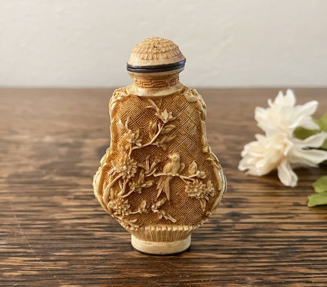 Vintage Asian Snuff Bottle, Carved Faux Ivory Resin, Birds, Branches ...