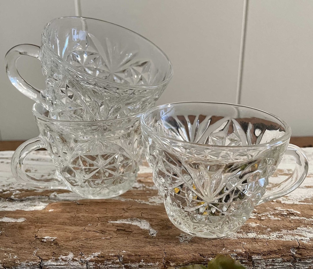 SET of 3 Pressed Glass Punch Cups, Diamond Cut, Fan Pattern, Mid ...