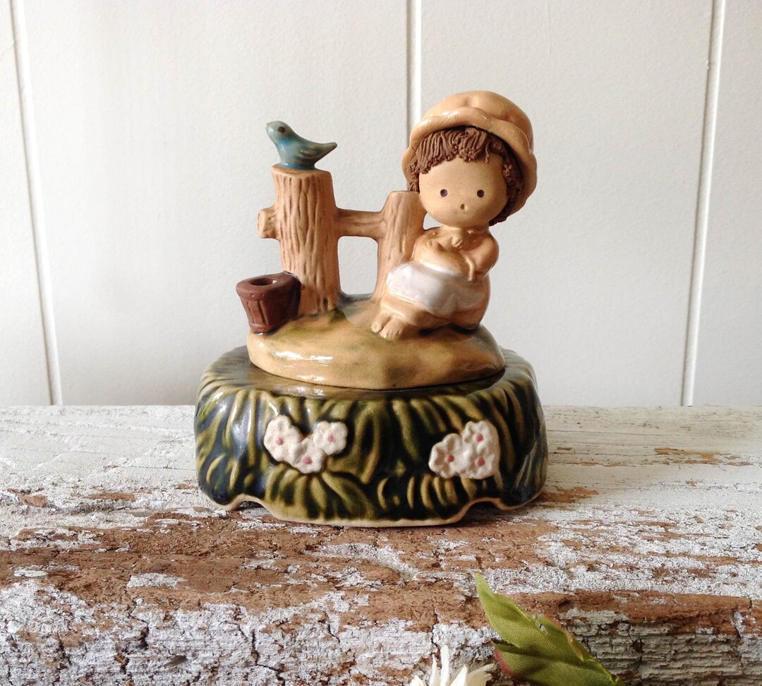 Vintage UCTCI Japan Little Girl, Bird Figurine, Slow Music Box, Blue on ...