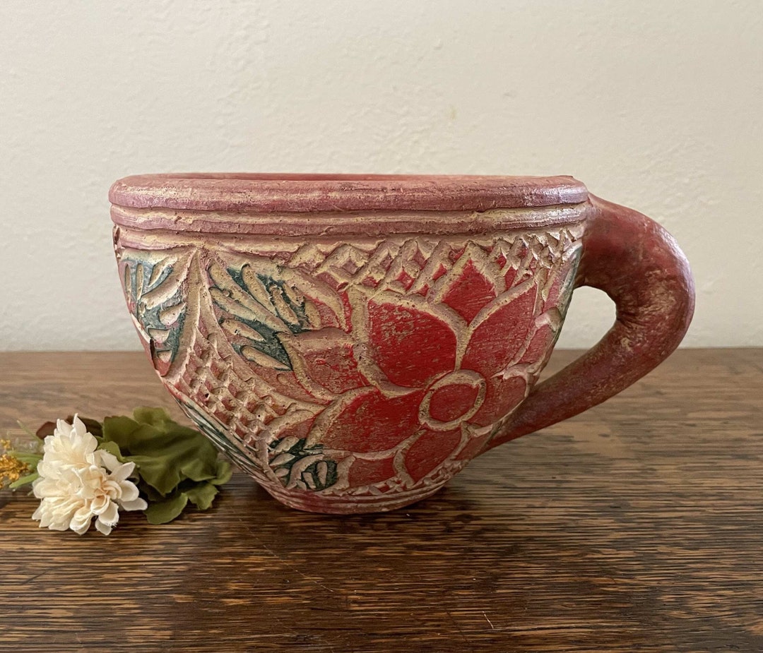 Primitive Vintage Pottery Planter Pot, Carved Flowers, Leaves, Big ...