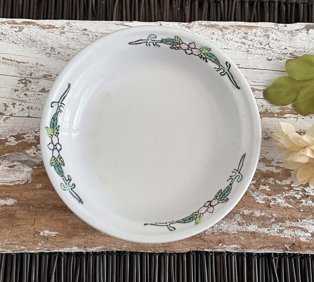 Small Vintage Chinese Hand Painted Sauce, Side Dish, Flowers, Leaves ...