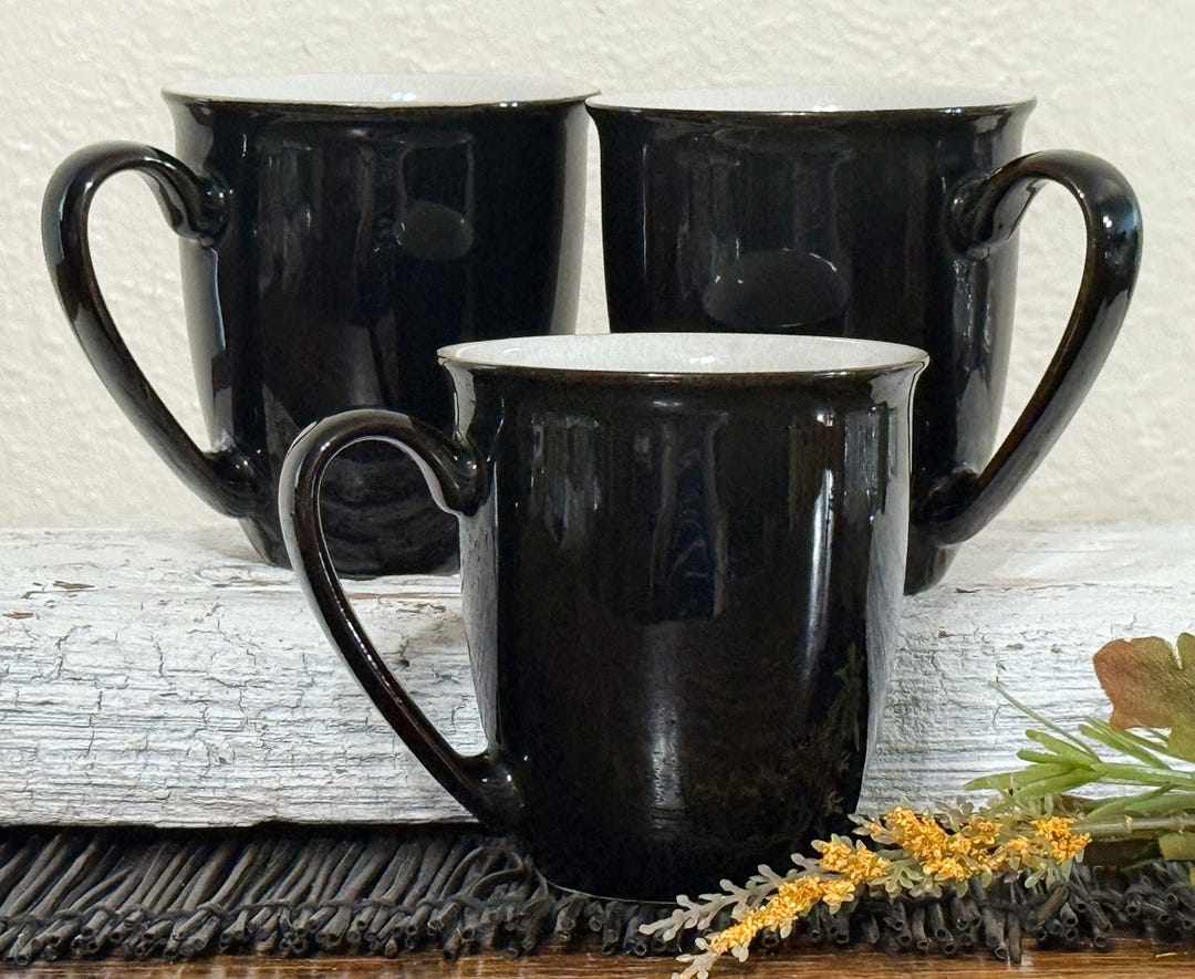 SET of 3 Vintage Denby Everyday Mugs, Shiny Black, Grainy Pale Gray ...