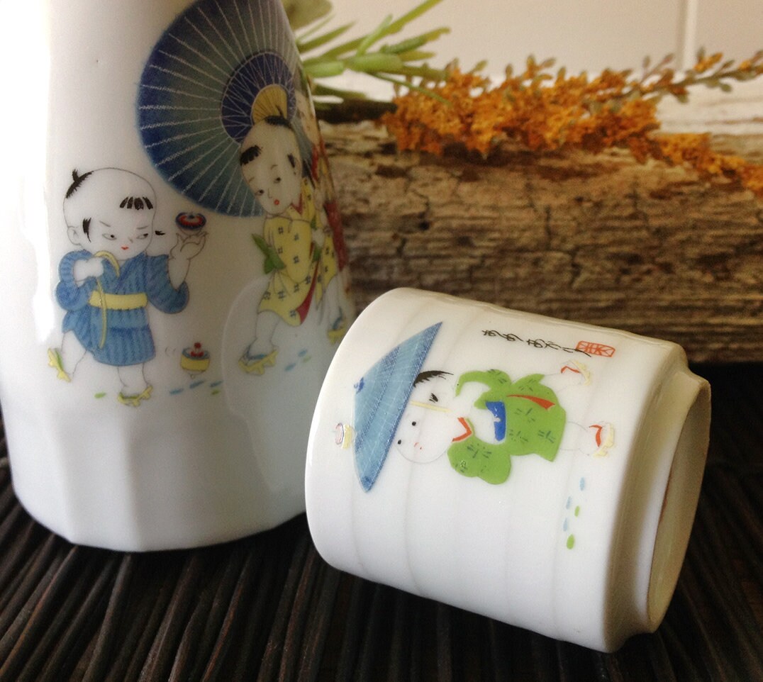 Vintage Chinese Illustrated Sake Pitcher Small Cup White | Etsy