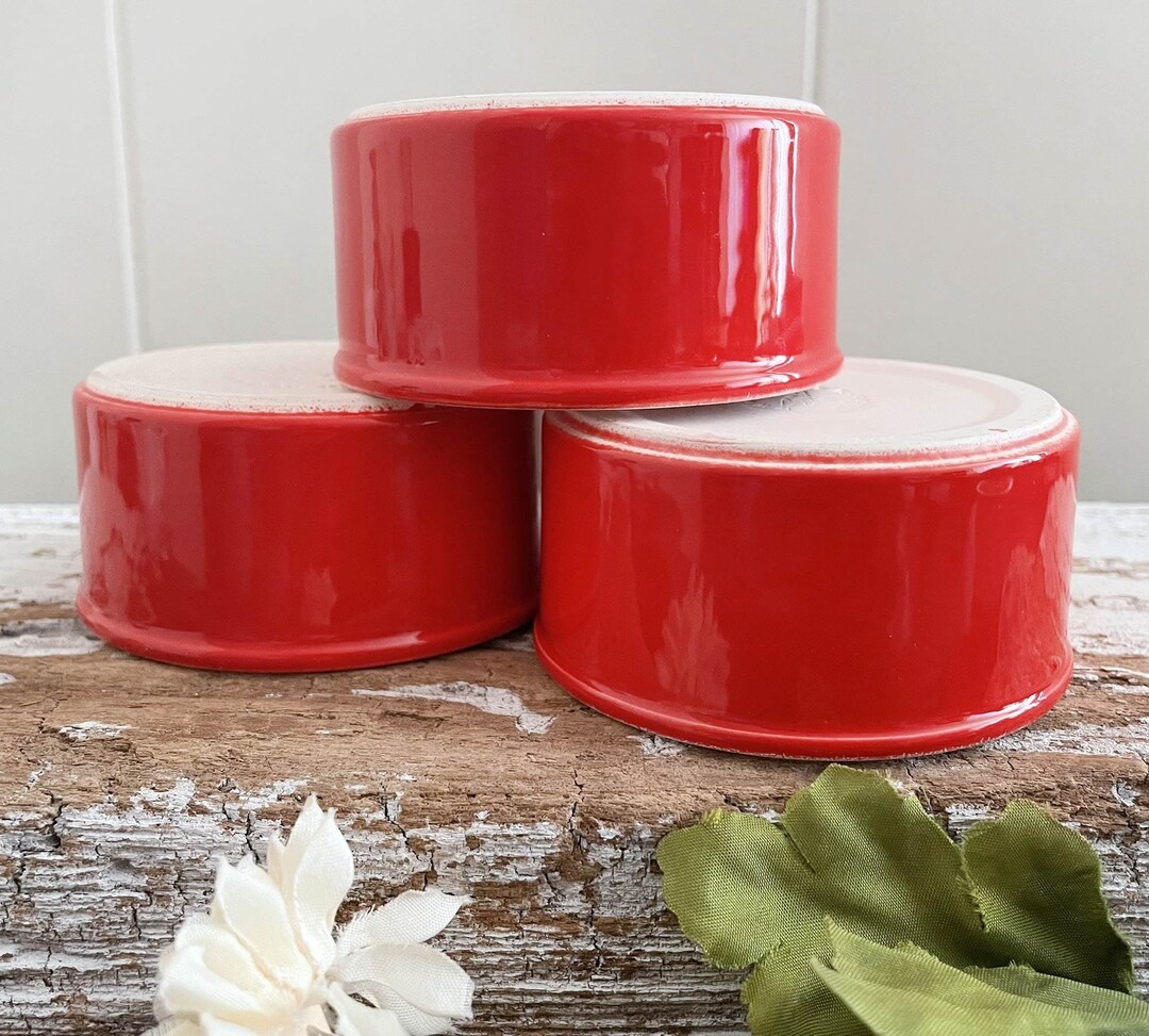 SET of 3 Cermer Ramekins, Bright Red, Creamy White Pudding, Custard ...