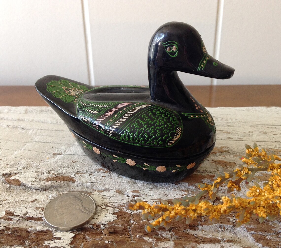 Vintage Lacquer Ware Hand Painted Duck Trinket Box, Covered Ring Dish ...