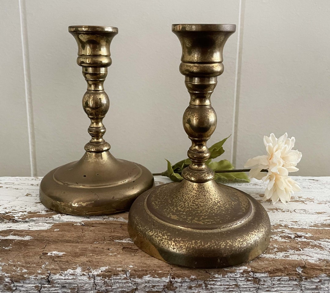 Set of 2 Short Brass Candlesticks, India, Metal Boho Low Candleholders ...