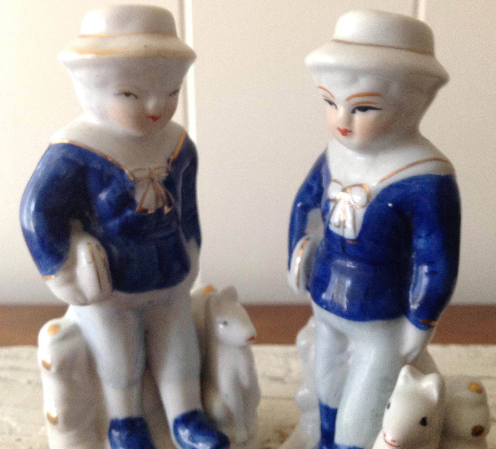 2 Vintage Blue Delft Style Figurines, Walking Boy With Dog, Blue, White ...