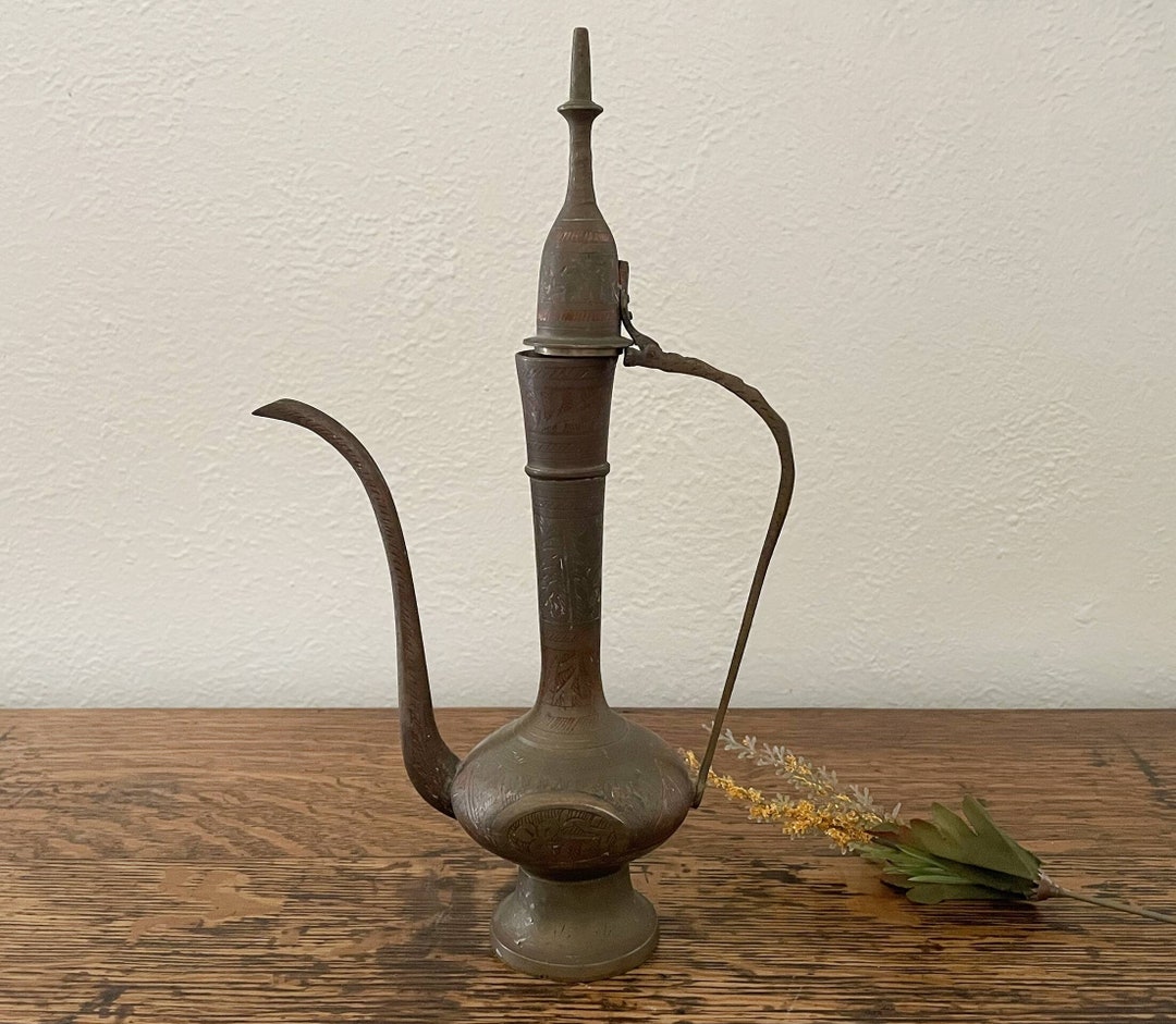 Vintage Brass Ewer, India, Tall Slender, Shaped Metal Pitcher, Aftaba ...