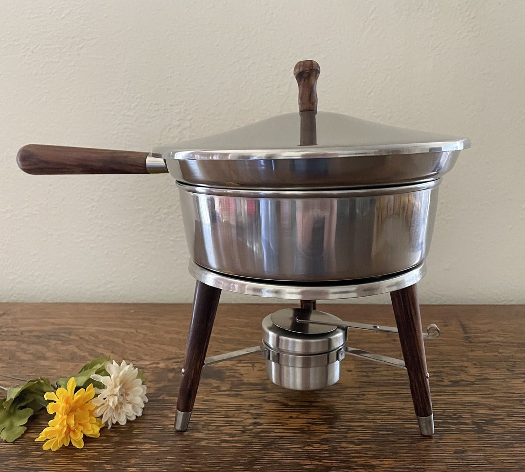 Vintage Mid Century Stainless Chafing Dish, Wood Handles, Legs, Sterno ...