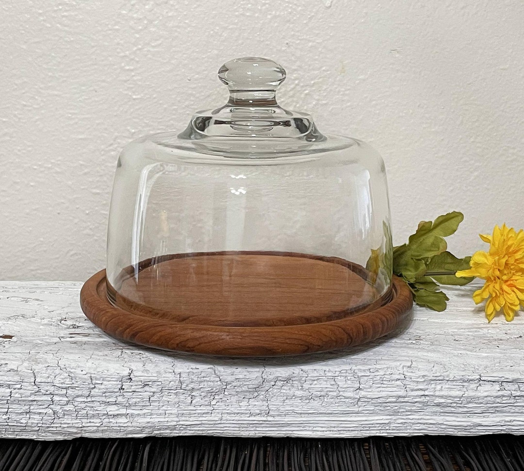 Vintage Round Wooden Cheese Dome, Glass Lid, Covered Food Storage ...
