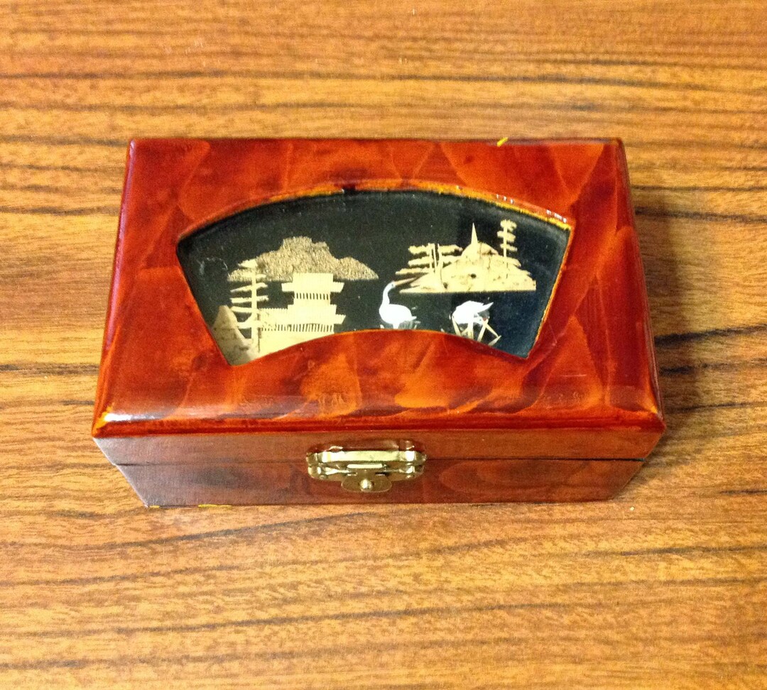 Chinese Lacquer Jewelry Box, Carved Cork Diorama Art, Small Orange ...