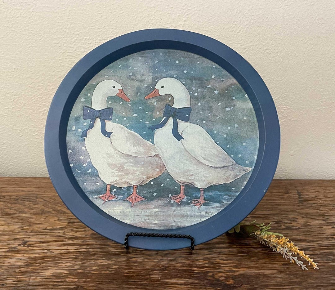 Vintage Round Metal Goose Tray, Winter Geese, Blue Bows, Large ...