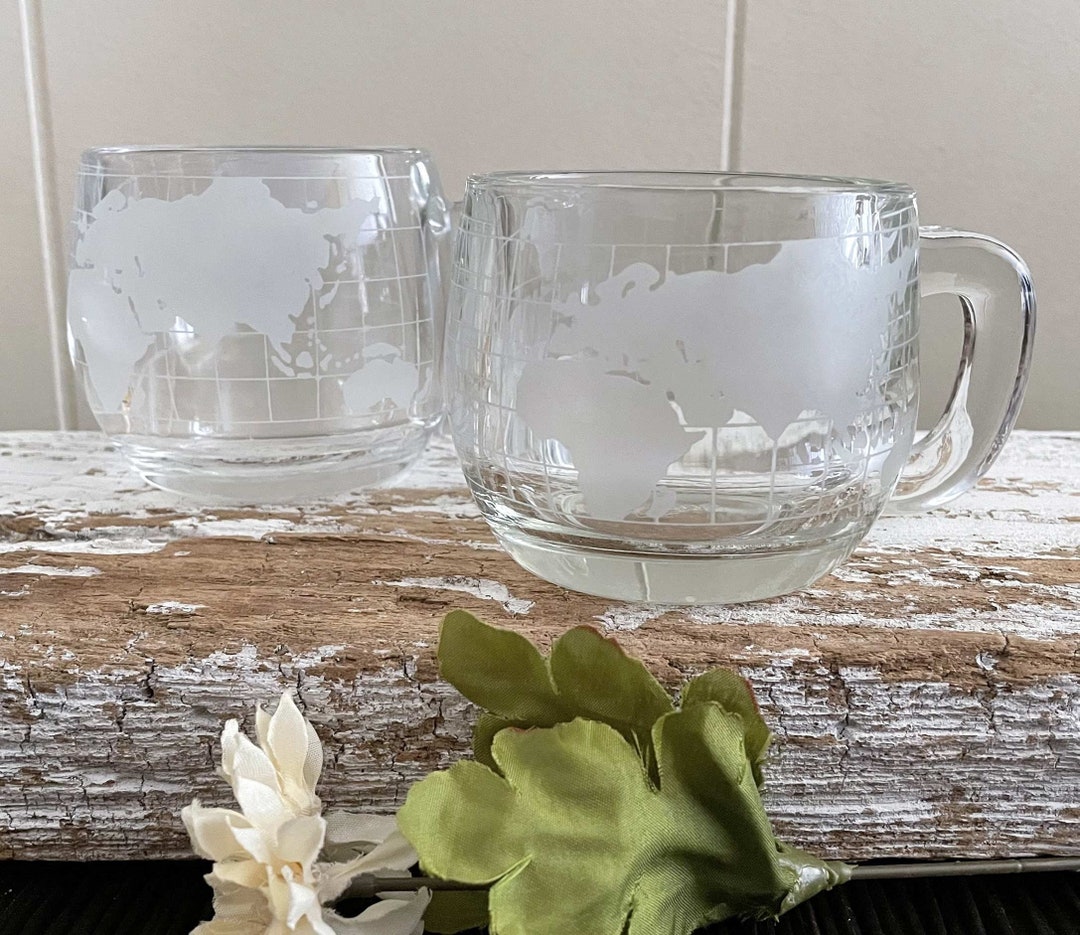 SET of 2 Nestlé Glass Globe, World Map Mugs, Clear Etched Thick Heavy ...