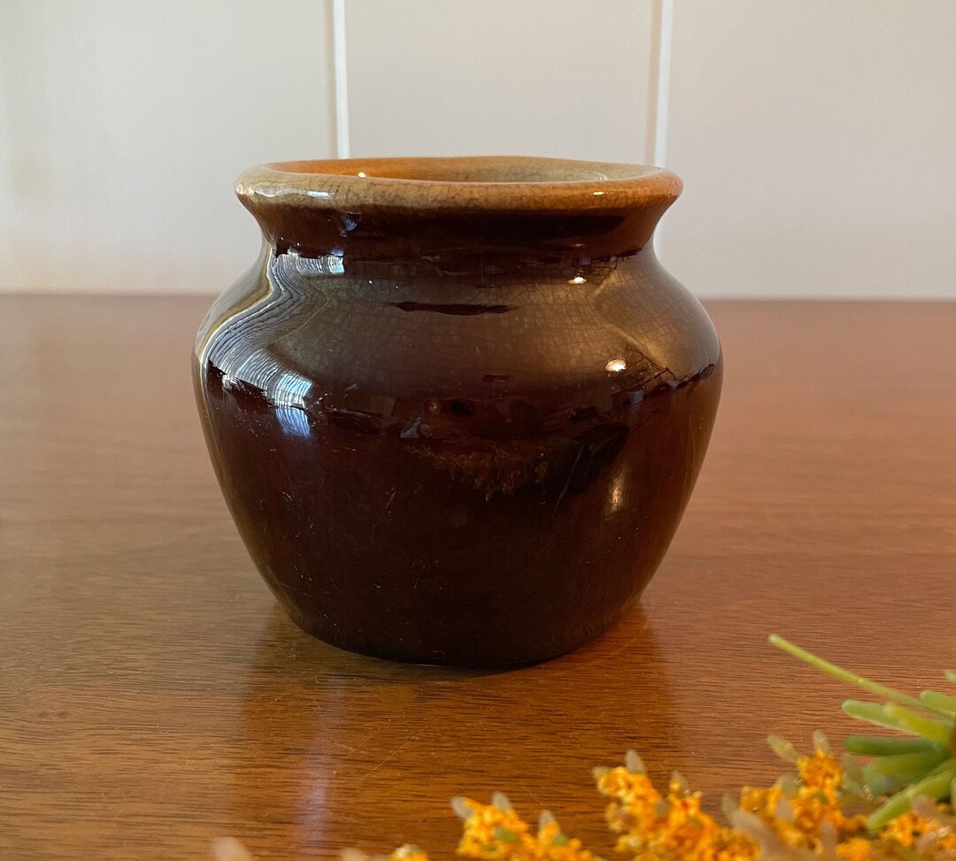 Primitive Yellow Ware Small Mustard, Jam Jar, Open Sugar Bowl, Brown ...