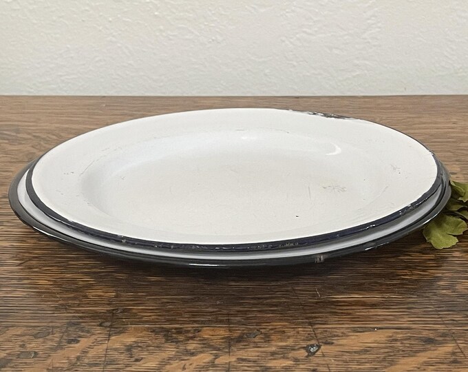 SET of 2 Vintage Enamel Ware Plates, White, Black Trim, Primitive ...