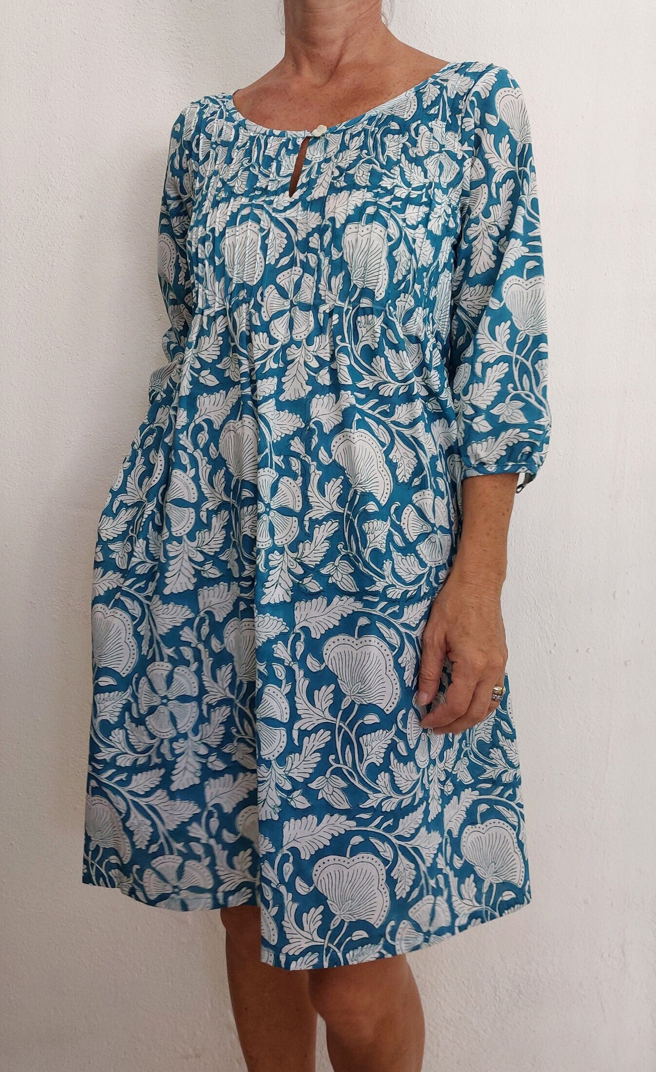 Front Pleated Dress in Cotton,turquoise Floral Pattern - Etsy