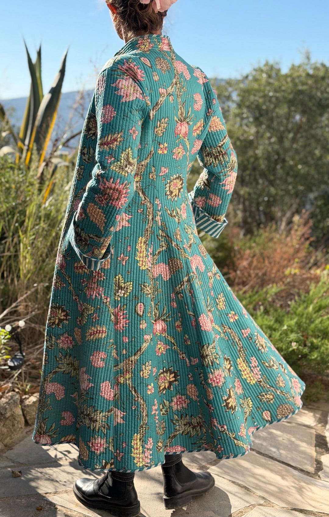 Quilted Cotton Frock Coat – Long Boho Chic Winter Coat, Hydrangea Print ...