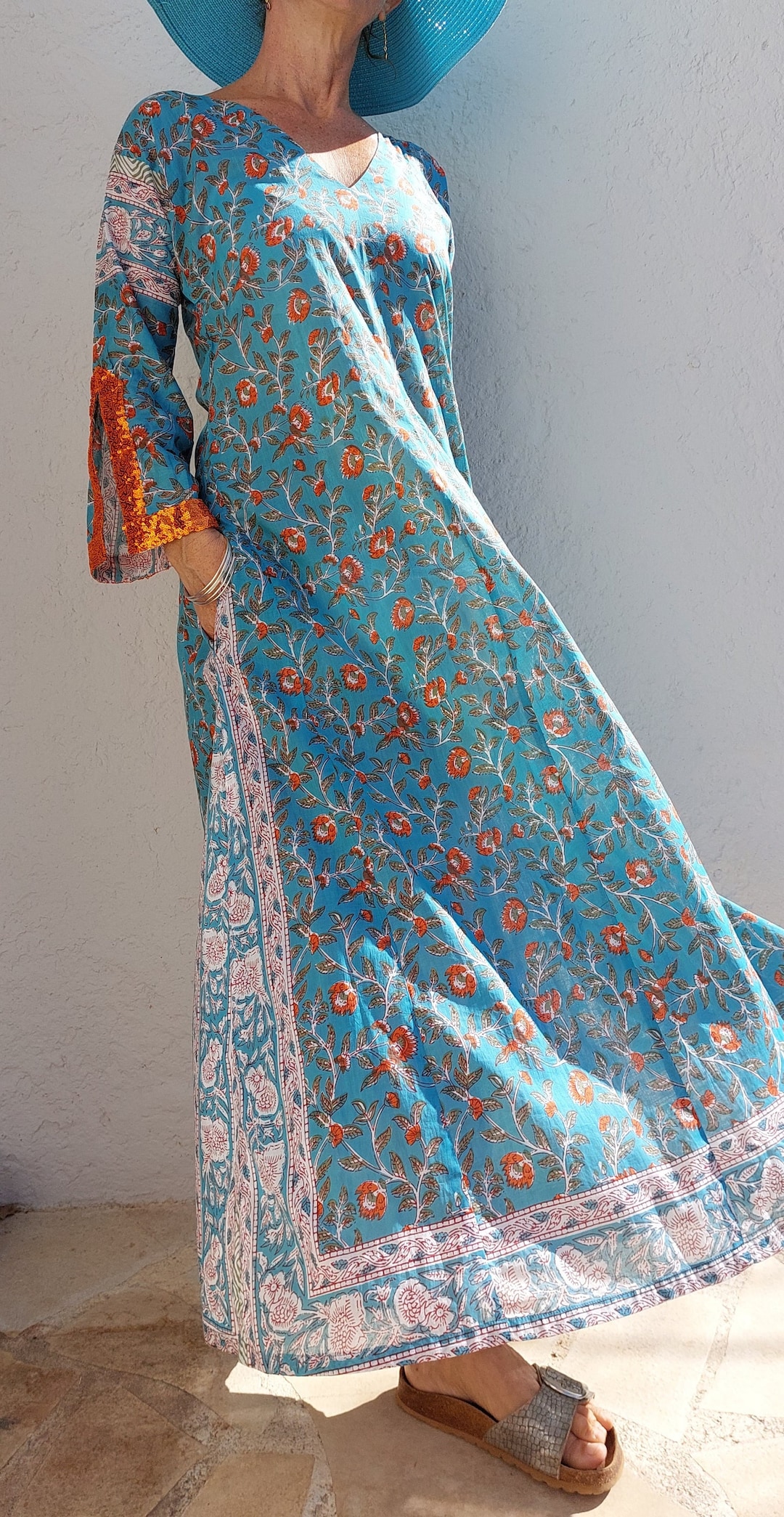 Long Kaftan in Soft Cotton, Turquoise Color - Etsy