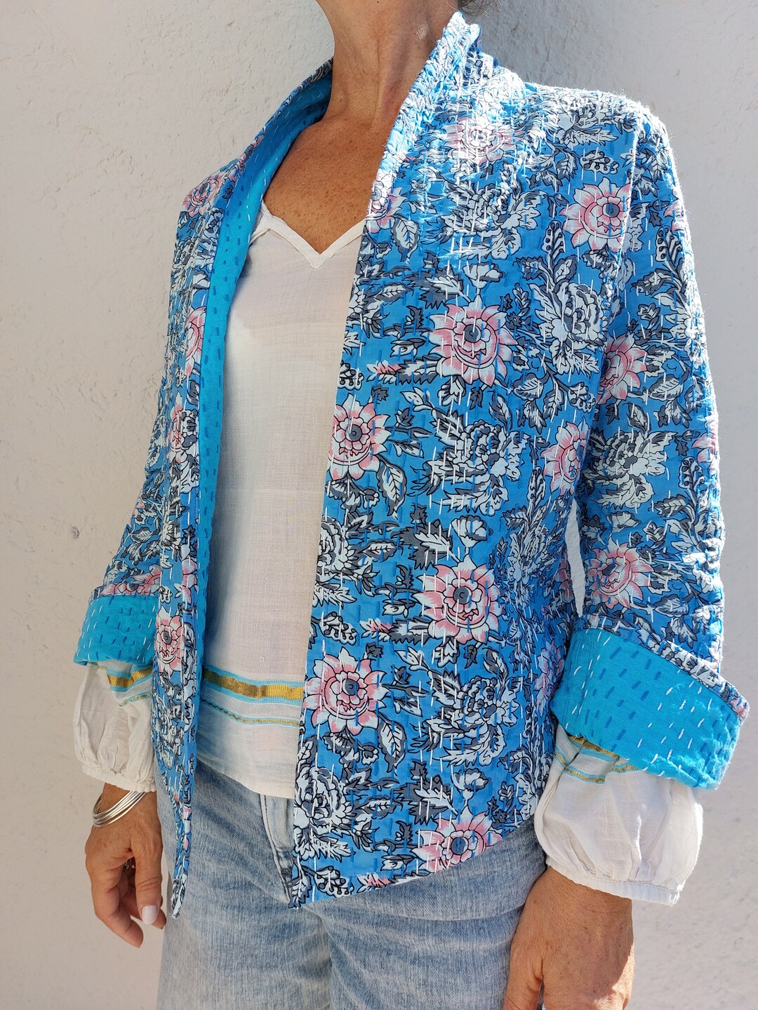 Open Jacket in Cotton,pink Blue Floral Pattern - Etsy
