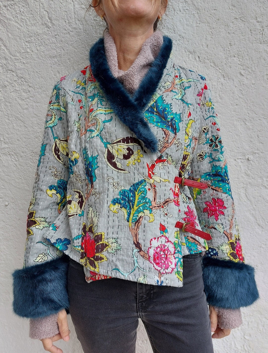 Crossed Jacket Gray Floral Pattern - Etsy