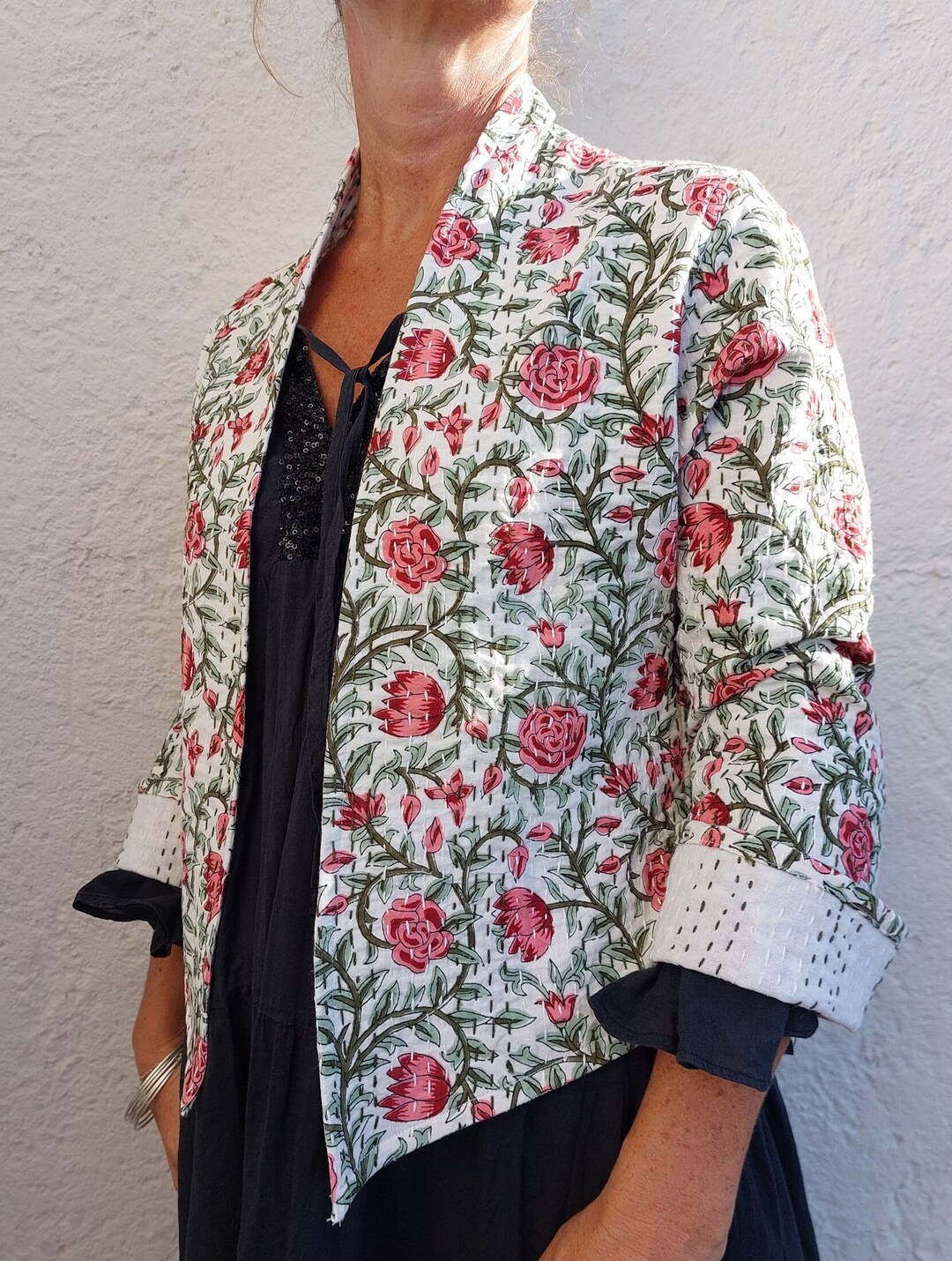 Kimono Jacket in Cotton,khaki-pink Floral Pattern - Etsy