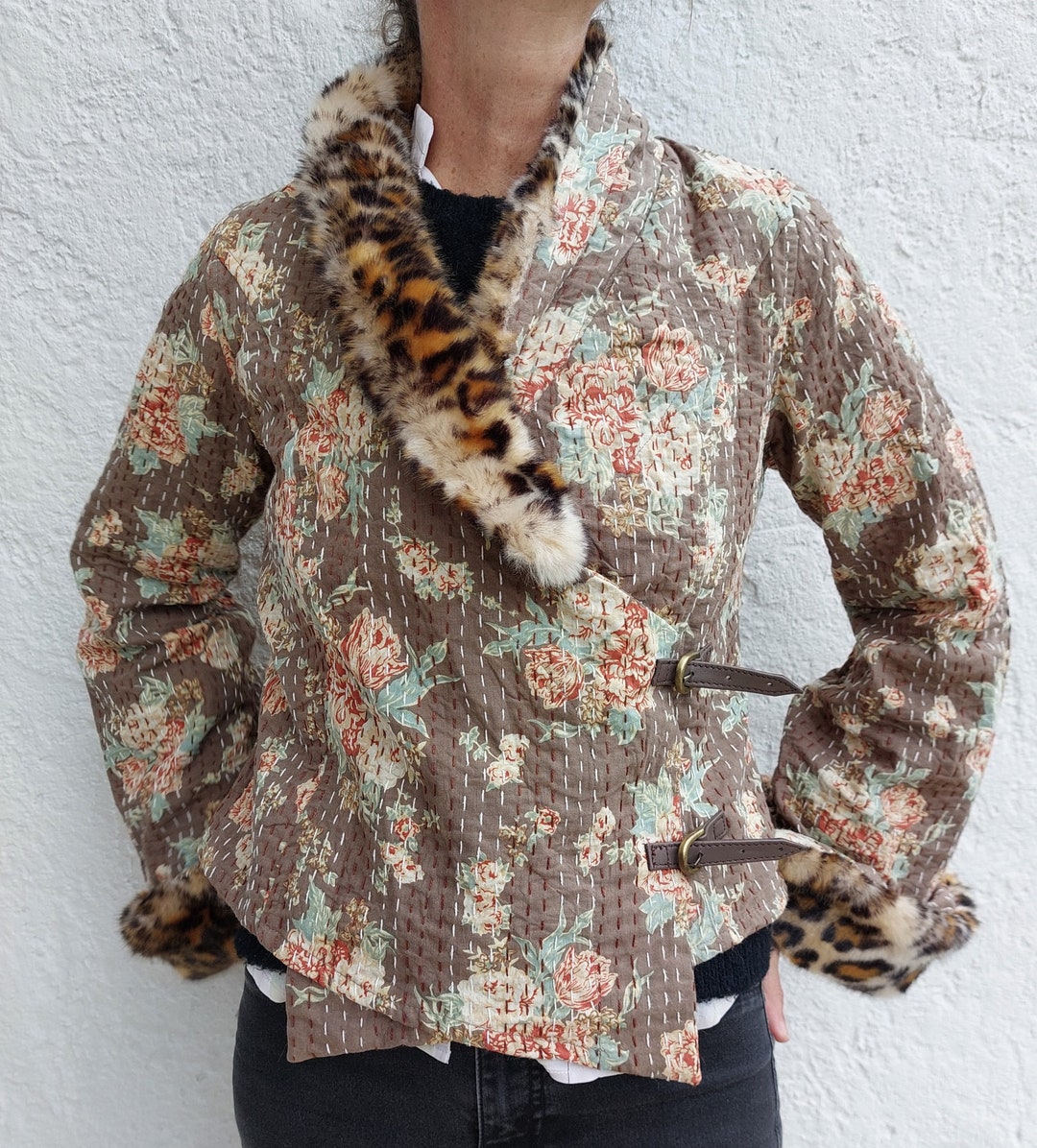 Crossed Jacket Glossy Brown Floral Pattern - Etsy