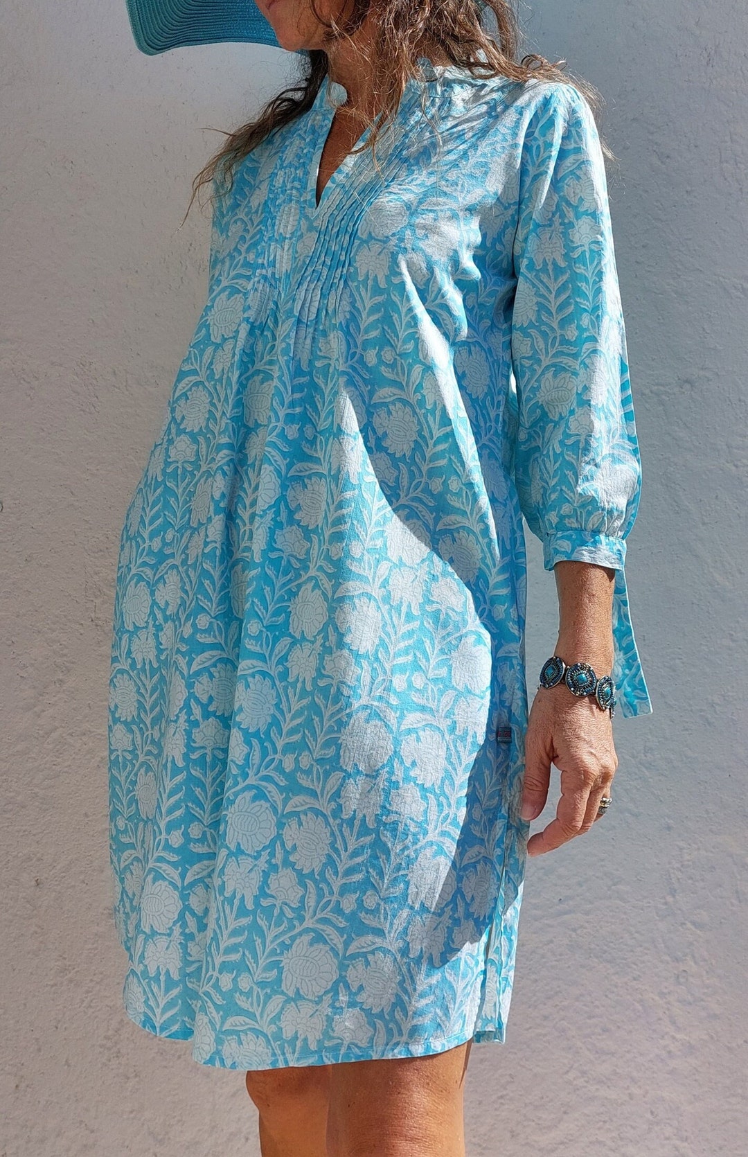 Pleat Tunic-dress in Cotton, Light Turquoise Color - Etsy