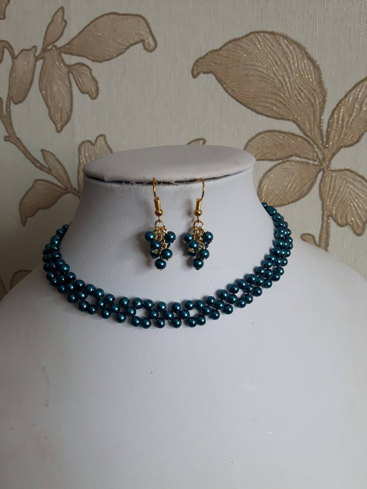 TEAL bead choker necklace set glass pearls matching earrings | Etsy